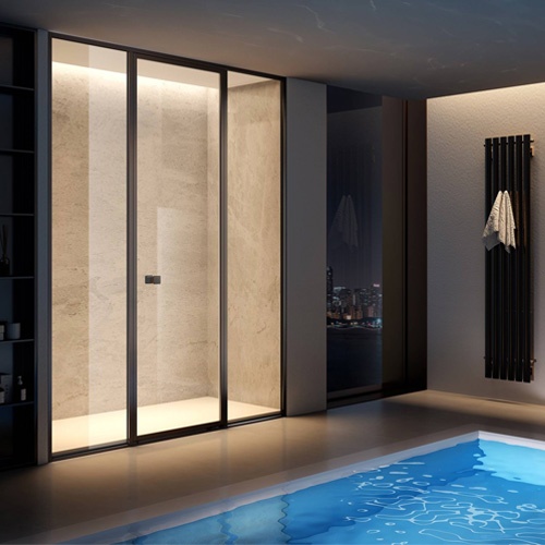 Glass shower partition and door in swimming pool