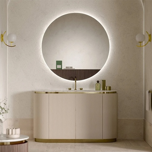 BATHROOM VANITIES CABINETS IN BEIGE LACQUERED WOOD AND MARBLE CALACATTA TOP