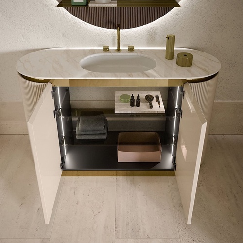 BATHROOM VANITIES CABINETS IN BEIGE LACQUERED WOOD AND MARBLE CALACATTA TOP