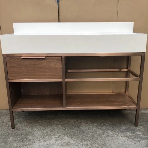 Bathroom vanities with bronze steel base with millwork