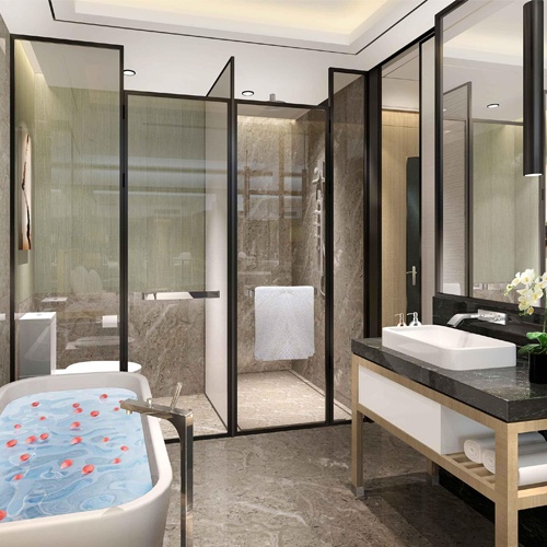 Modern hotel bathroom glass shower door and dividing wall system ...