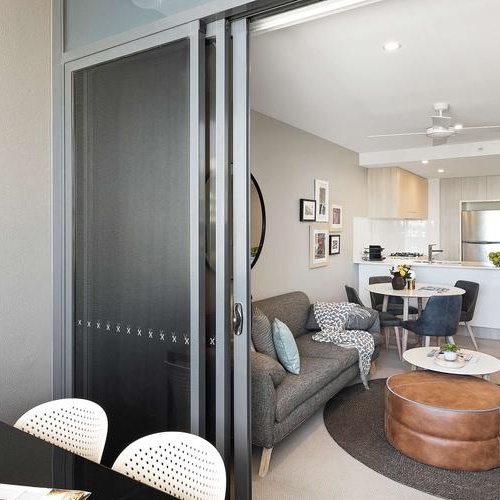 Telescopic sliding glass door with synchronized movement to create a ...