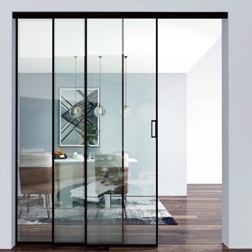 Triple slimline synchronized sliding glass door
