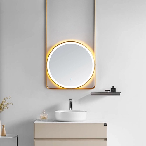 brushed gold stainless steel framed LED lighted mirror