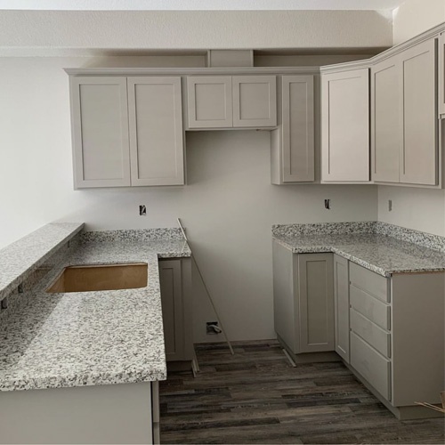 kitchen countertop with economic light grey granite